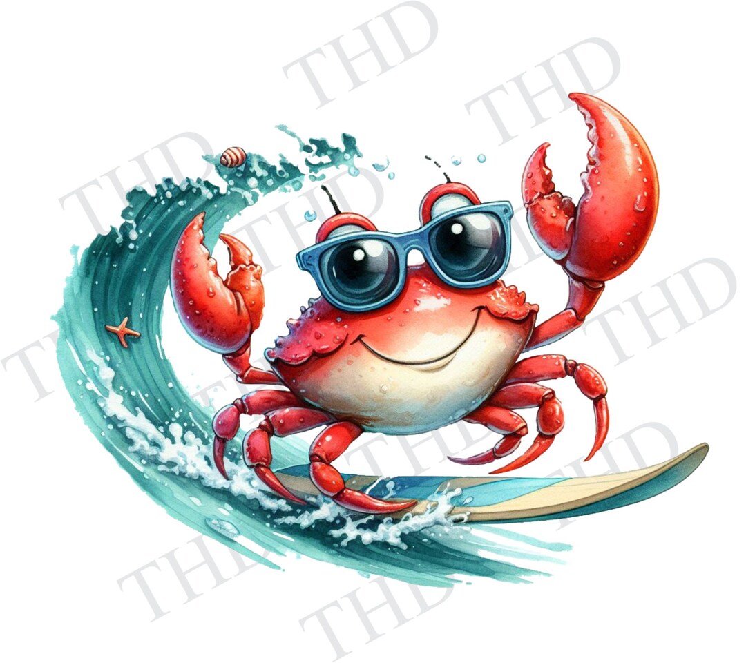Whimsical Surfing Crab Clipart/jpg/png Image - Etsy
