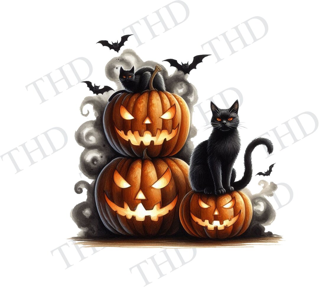 Halloween Black Cat and Pumpkins PNG, Clipart for Sublimation/heat ...