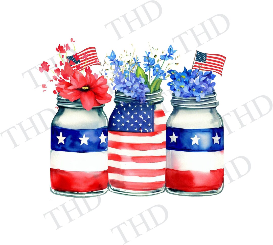 Patriotic Mason Jars With Flowers Red White Blue Clipart / PNG Image - Etsy