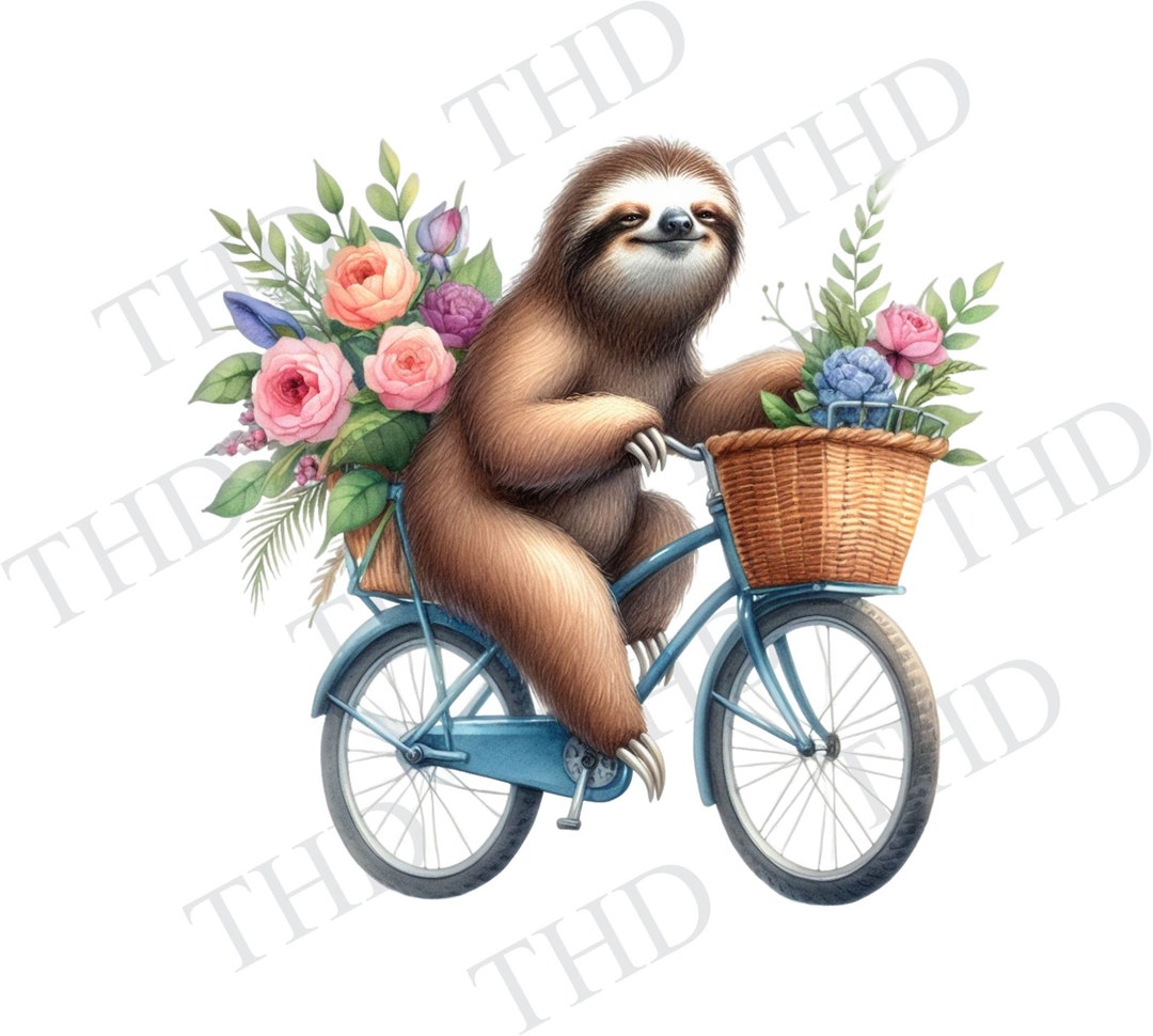 Sloth on Bicycle With Flowers Clipart / PNG Image - Etsy