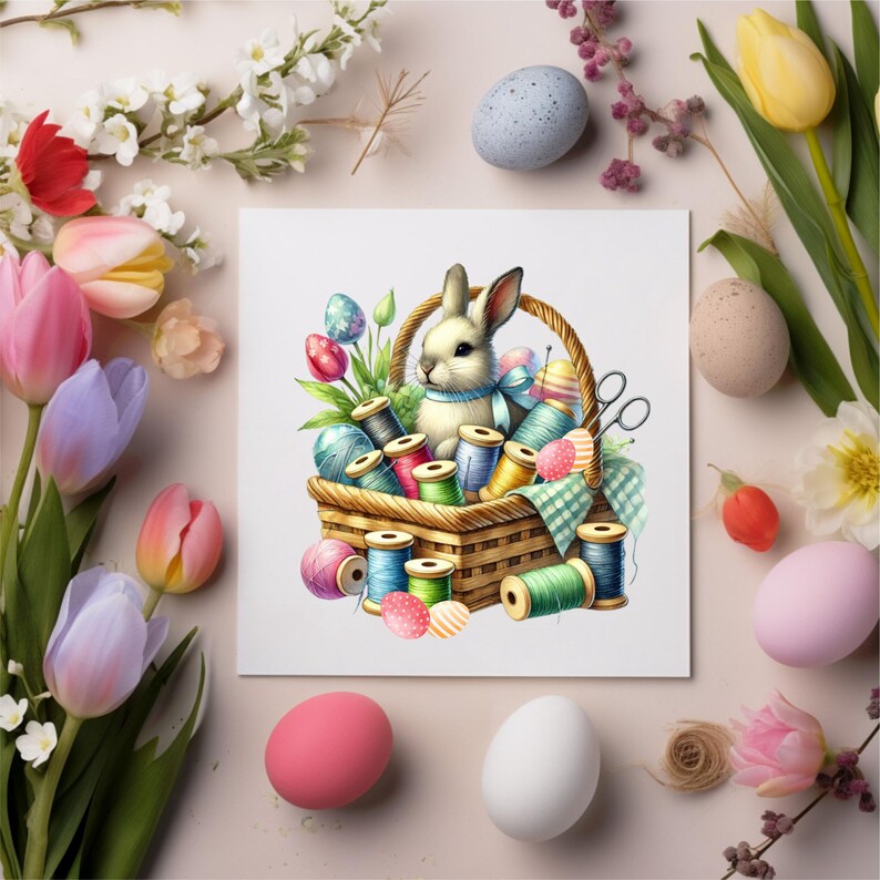 Easter Bunny & Bobbins Clipart: Spring Basket Design (digital Download ...