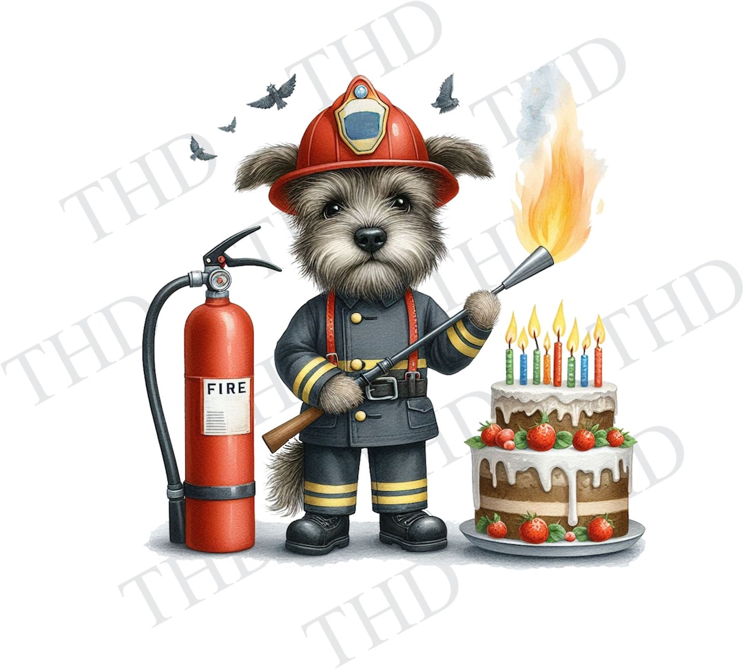 Happy Birthday Scruffy Dog Firefighter PNG/JPG, Clipart for Sublimation ...