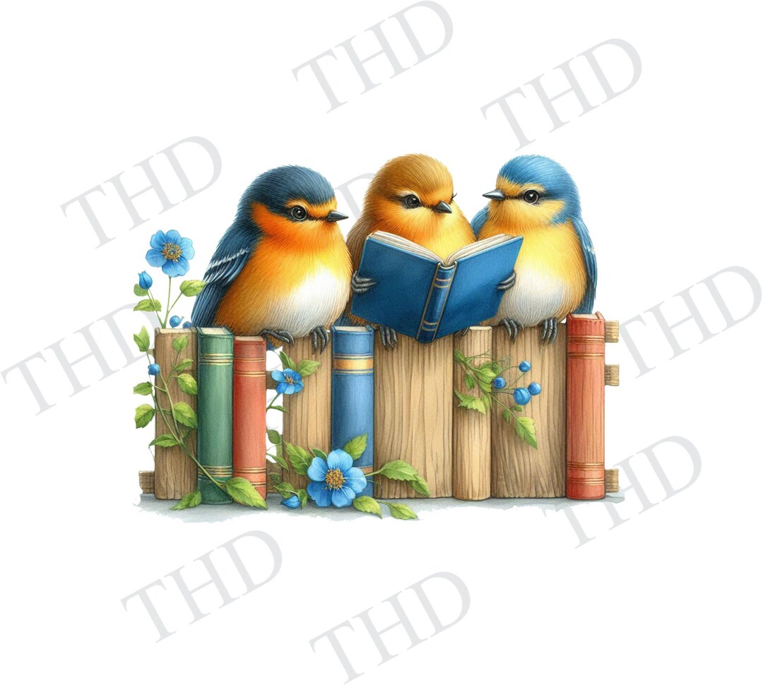 Reading Birds Clipart Image: Books, Flowers (digital Download) - Etsy ...