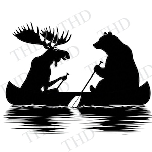 Bear and Moose Canoeing Silhouette: Mountain Clipart (JPG/PNG Digital ...