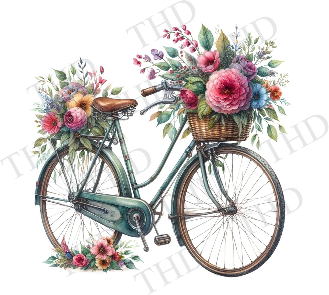 Vintage Bicycle With Flowers Clipart / PNG Image - Etsy