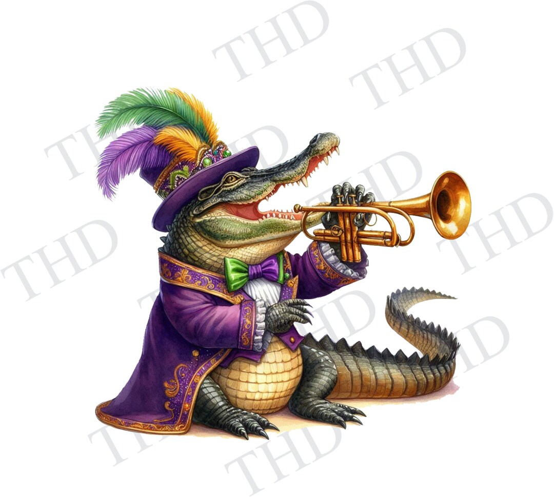 Mardi Gras Alligator Playing a Trumpet, JPG/PNG, Downloadable Clipart ...