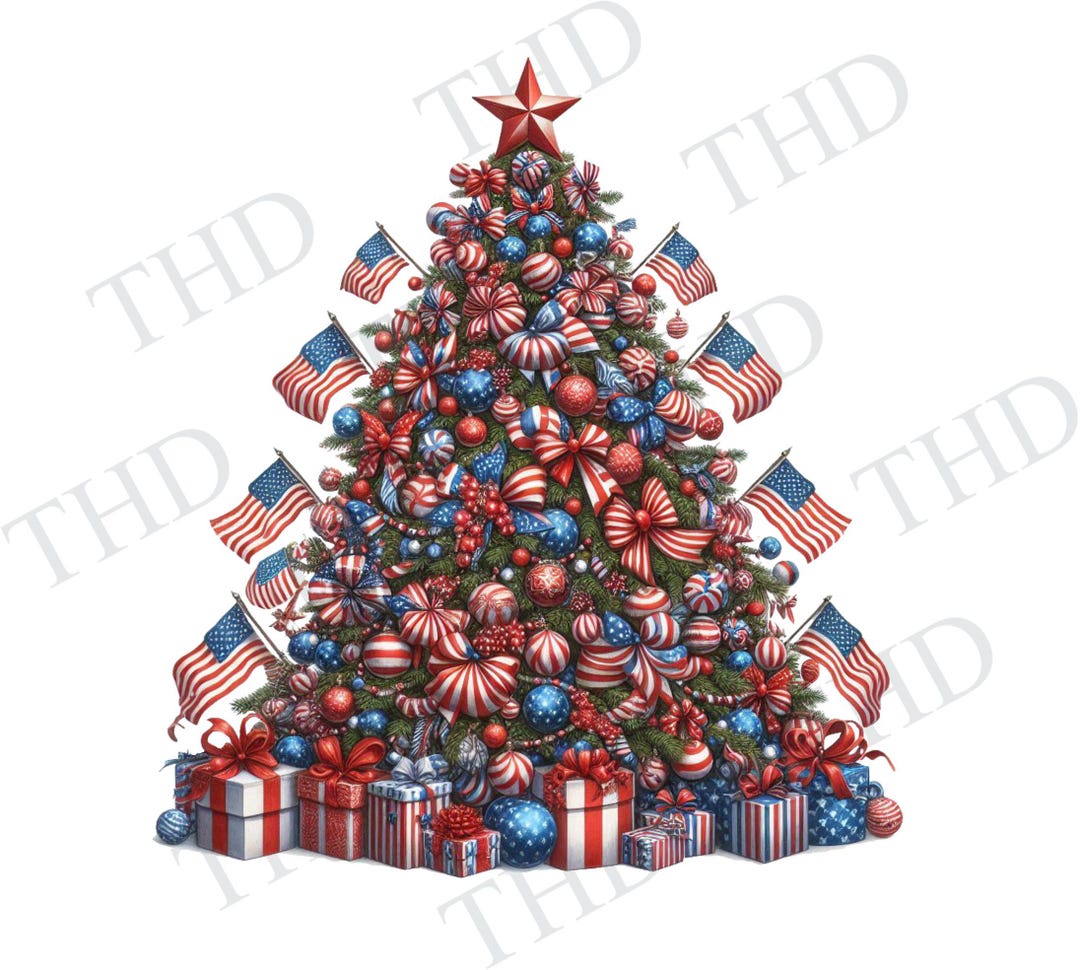 Patriotic Christmas Tree Clipart: American Flag Design (digital ...