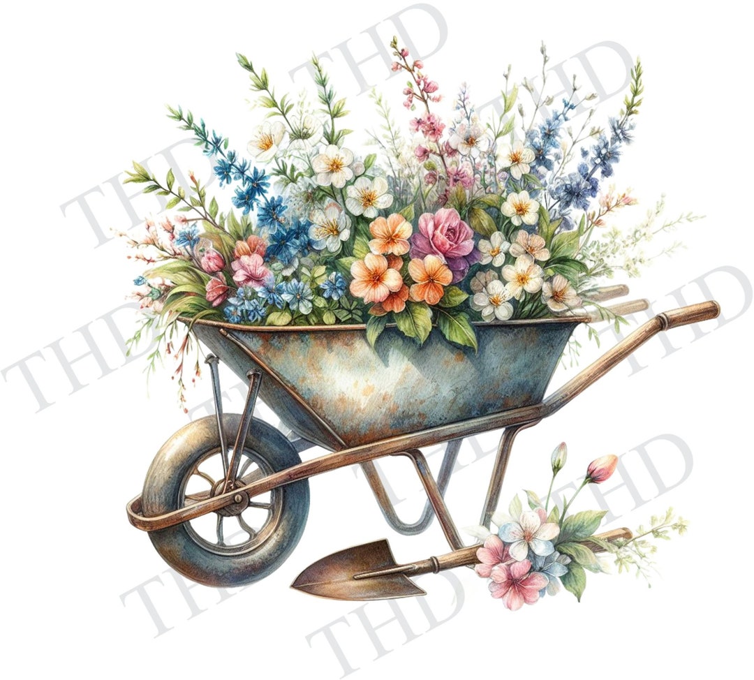 Vintage Wheelbarrow With Flowers Clipart / PNG Image - Etsy