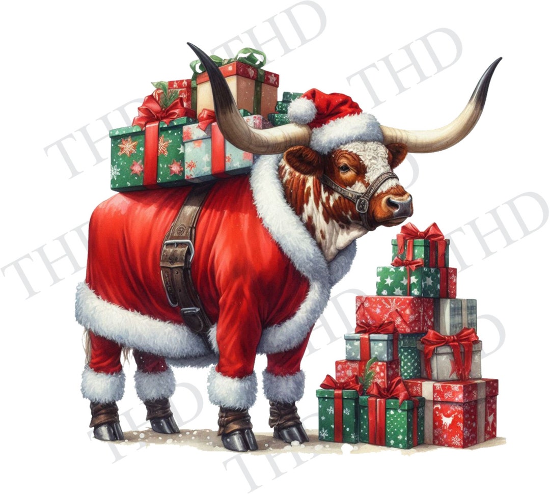 Christmas Longhorn Downloadable Image, Holiday Season Clipart JPG/PNG ...