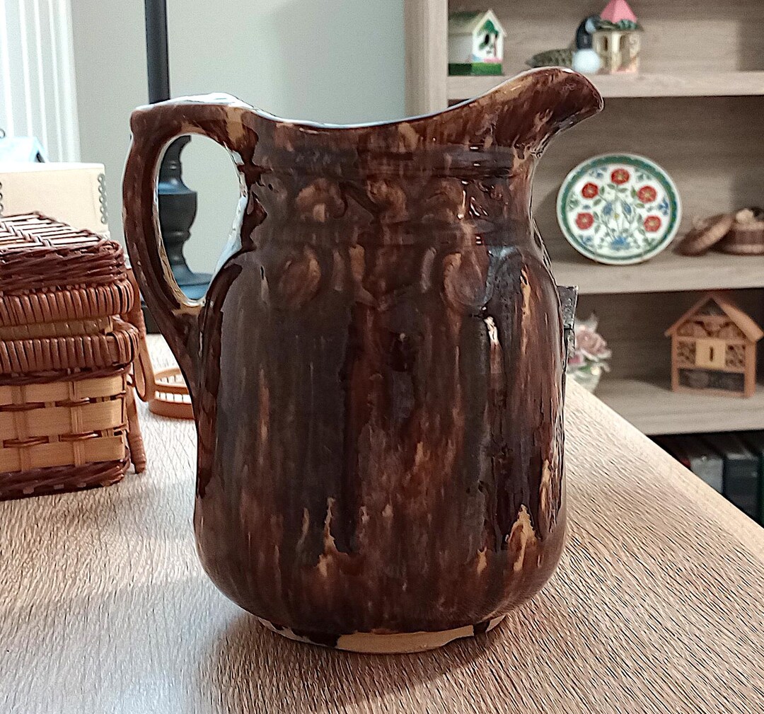 Antique Bennington Pottery Water Pitcher Rockingham Style Brown Glaze ...