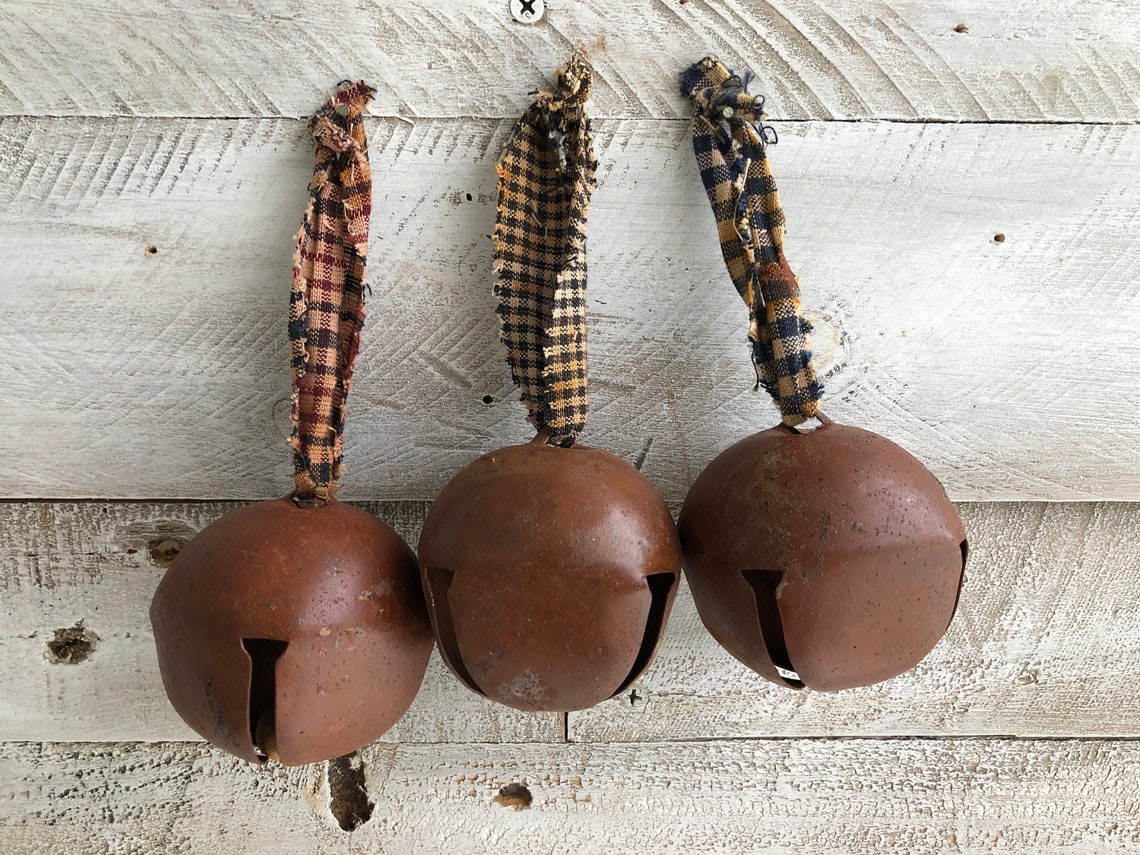 Rusty Bells With Homespun Ribbon Hanger - Set of 3.rustic Christmas ...