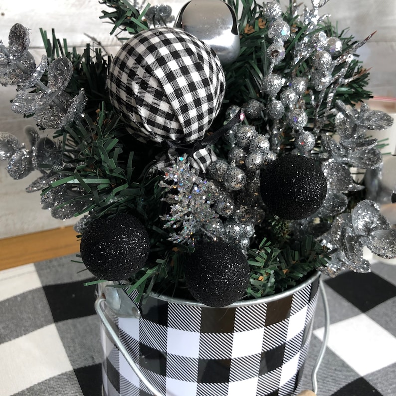 Large Black and White Buffalo Plaid Metal Bucket With Silver - Etsy