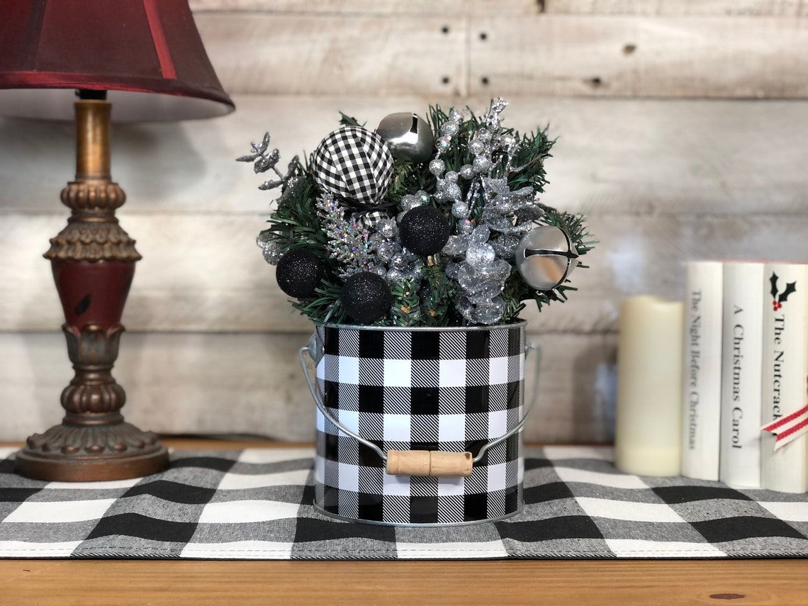 Large Black and White Buffalo Plaid Metal Bucket With Silver - Etsy