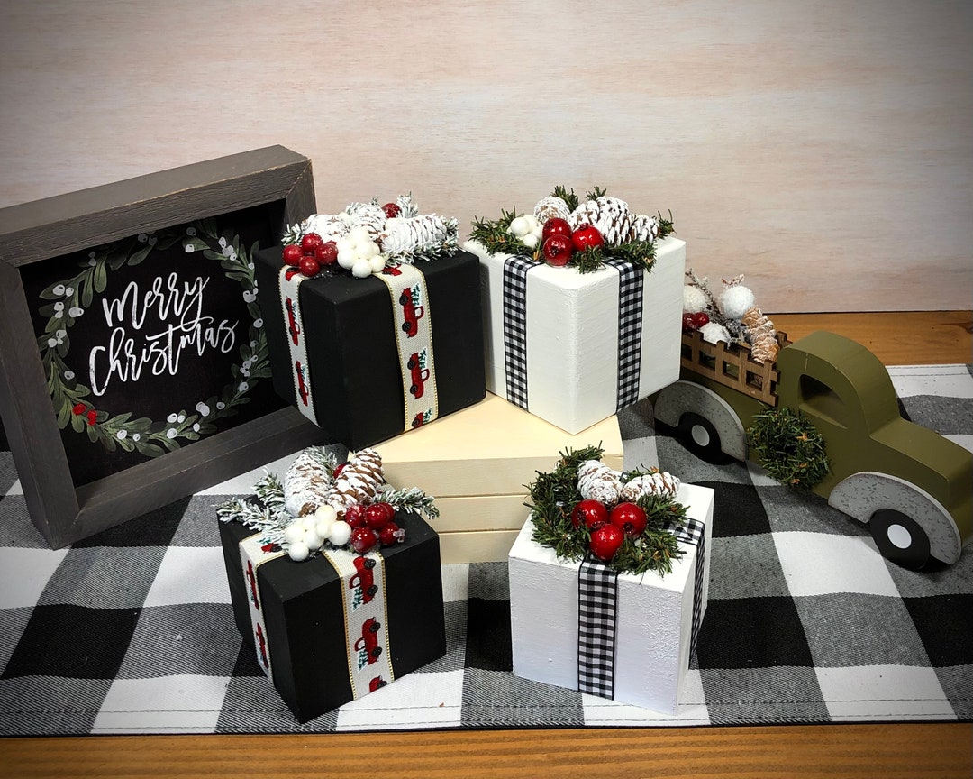 Set of Two Sizes Wood Cube Decorative Christmas Presents With Evergreen ...