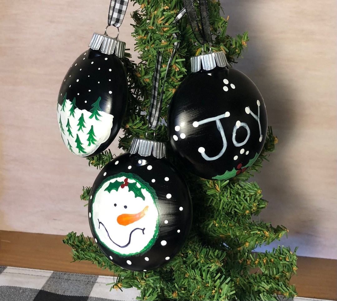 Set of 3 - Hand Painted Snowman, Tree, Joy Ornaments - Etsy