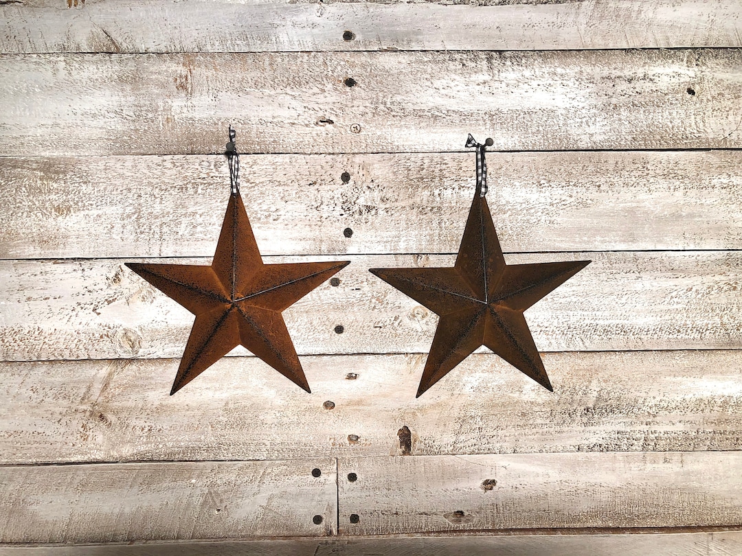 Set of 2 Rustic Metal Barn Stars With Jute or Buffalo Check Hanger ...