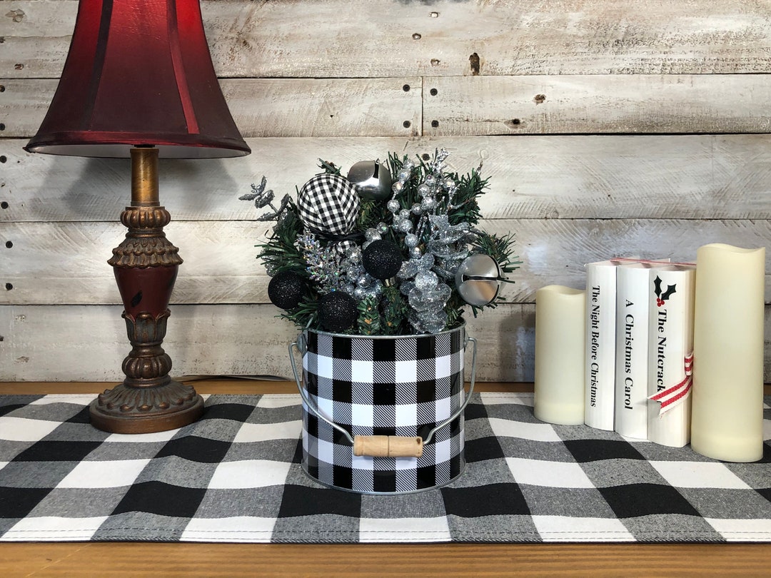Large Black and White Buffalo Plaid Metal Bucket With Silver Glitter ...