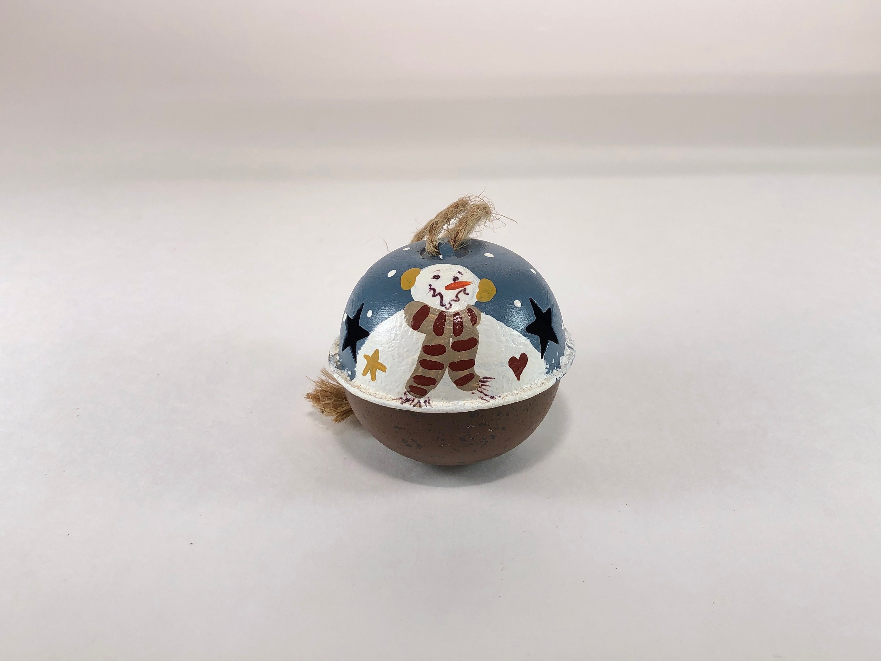 Hand Painted Snowman Round Bell Christmas Ornament. Primitive Rustic ...
