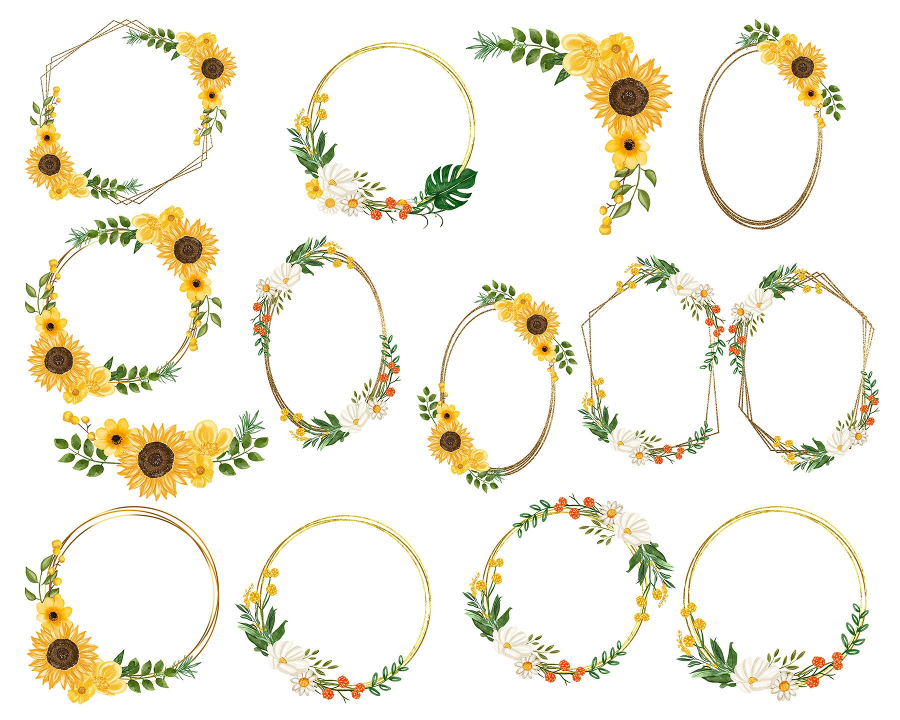 Watercolor Floral Wreath Sunflowers Wreath Watercolor Sunflowers Frame ...