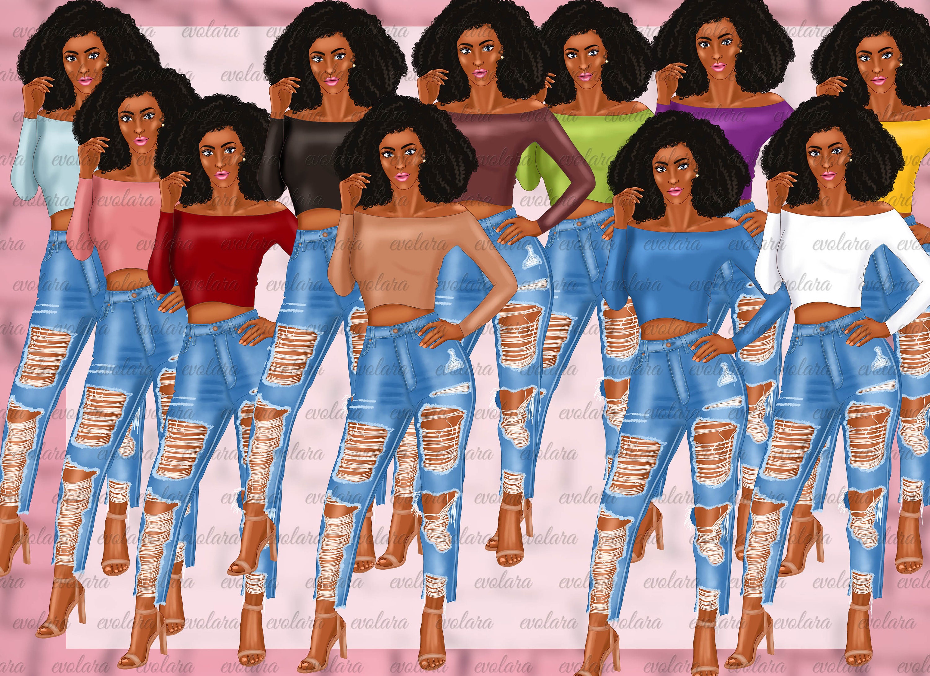 Ripped Jeans Fashion Girls Clipart African American Clipart Curvy Girl ...