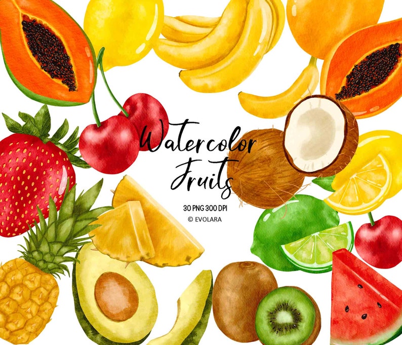 Watercolor Fruit Clipart, Fruit, Papaya, Strawberry, Pineapple, Banana ...