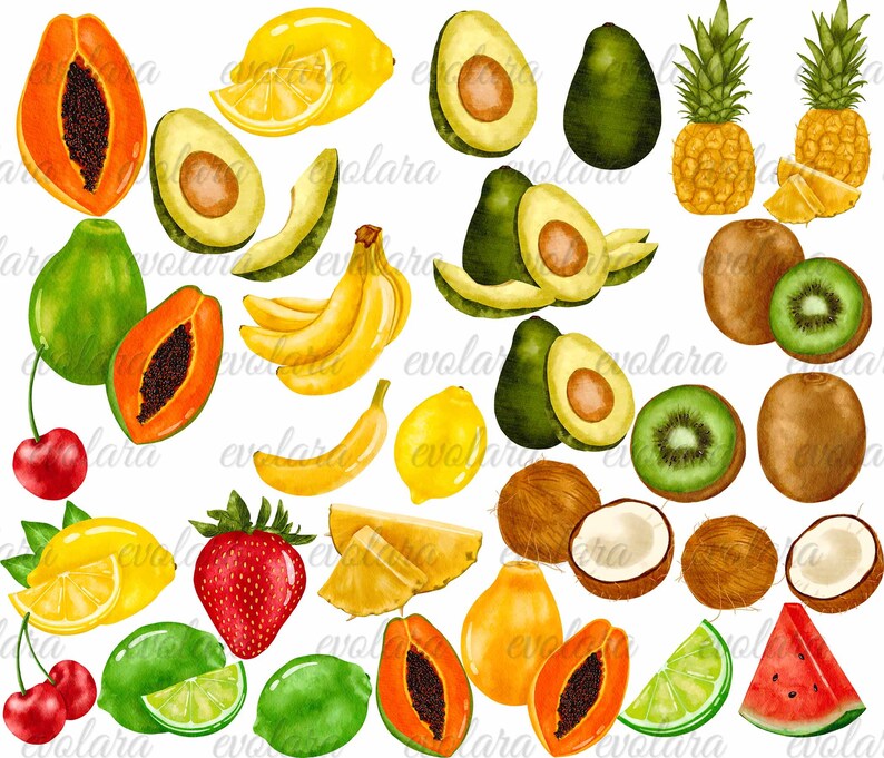 Watercolor Fruit Clipart, Fruit, Papaya, Strawberry, Pineapple, Banana ...