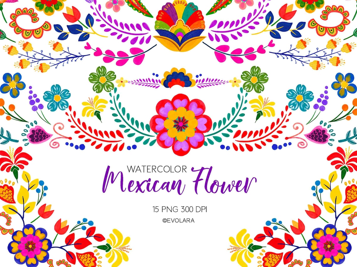 Fiesta Clipart Mexican Flowers Clipart Watercolors Mexican - Etsy