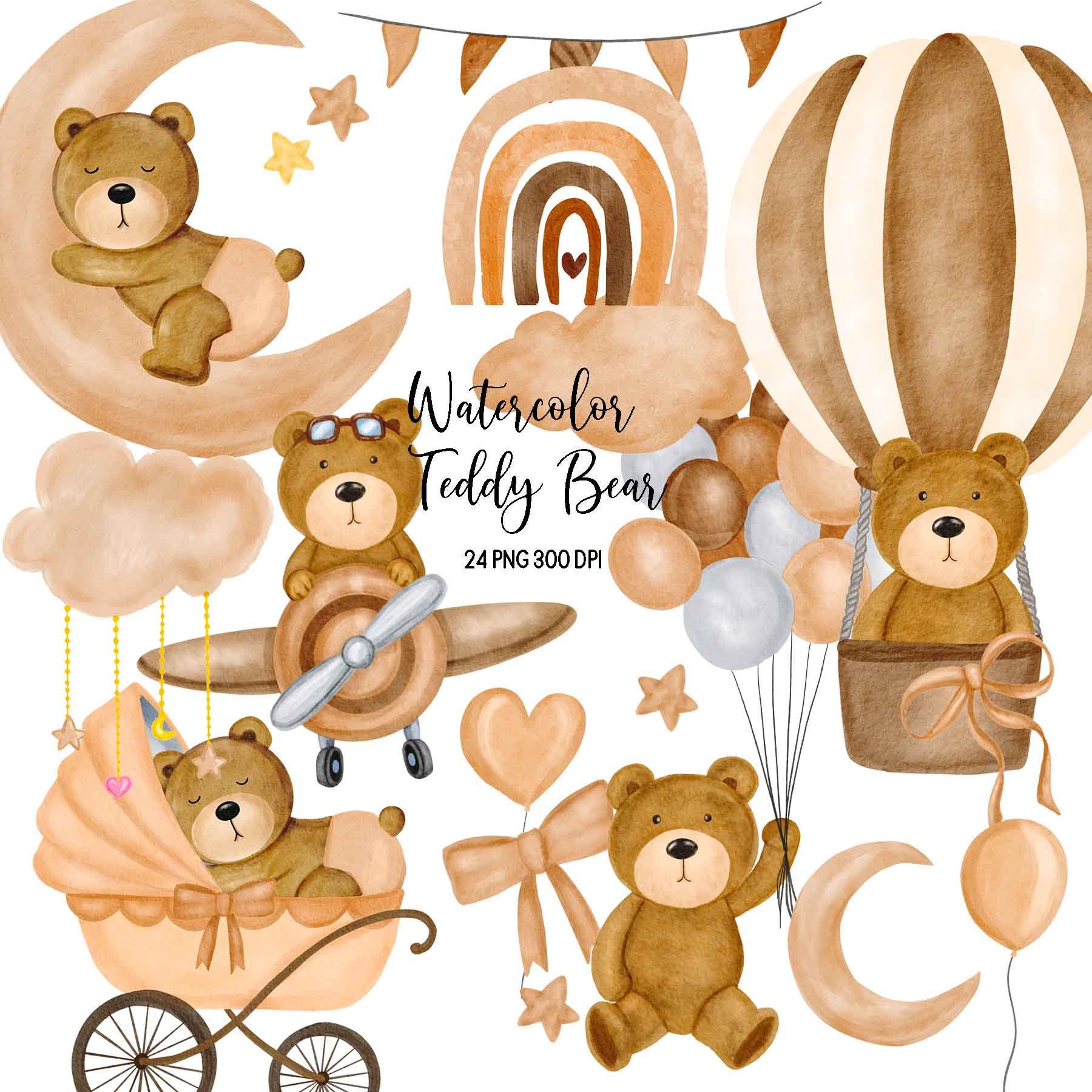 Watercolor Teddy Bear Clipart, Baby Bear Clipart, Baby Boy, Baby Shower ...