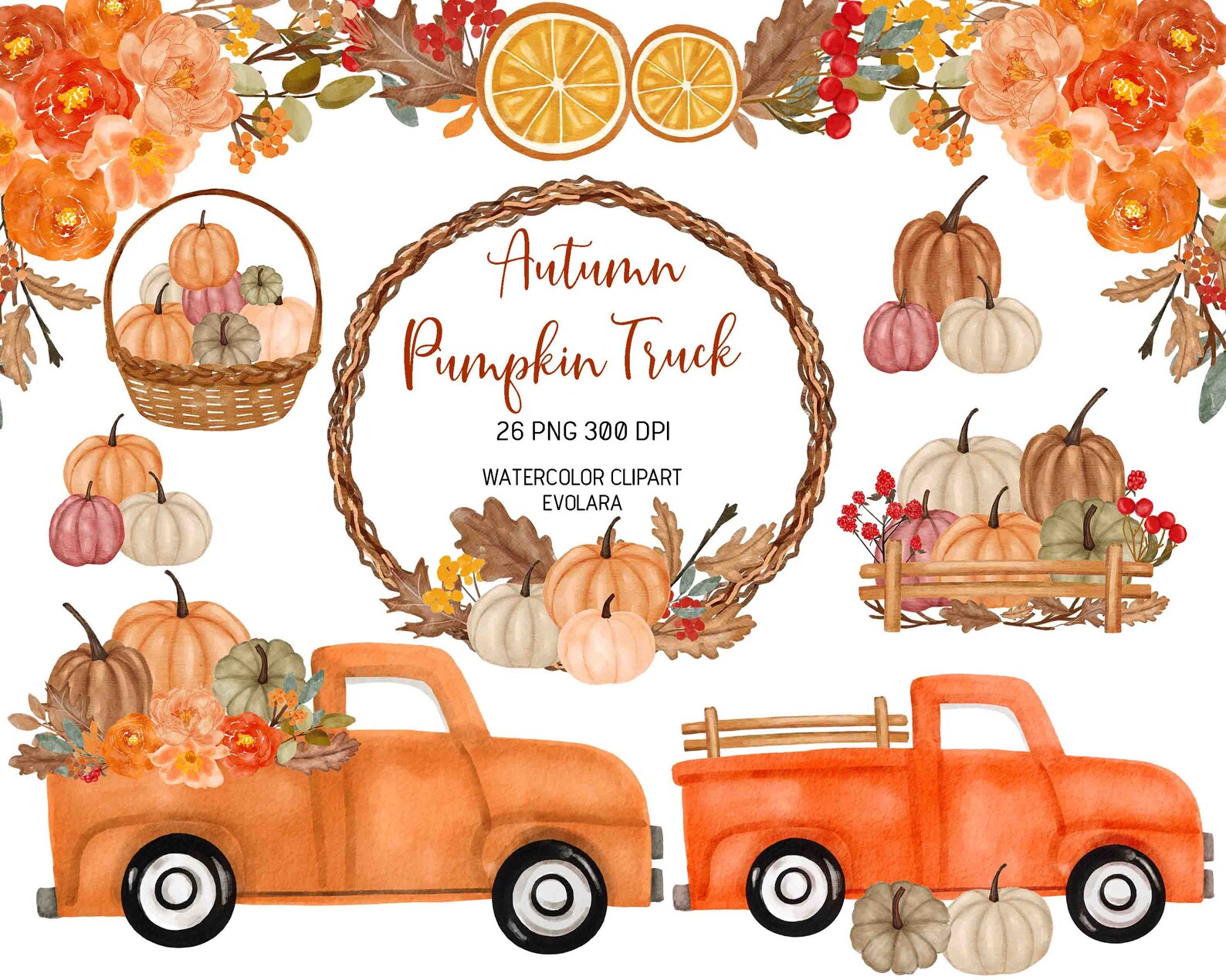 Watercolor Pumpkin Truck Clipart Fall Pumpkin Truck Thanksgiving ...