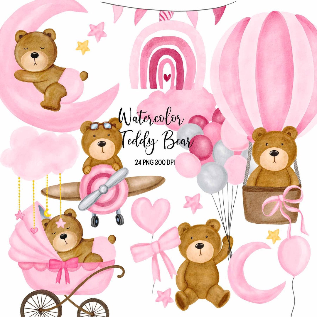 Watercolor Teddy Bear Clipart, Baby Bear Clipart, Baby Boy, Baby Shower ...