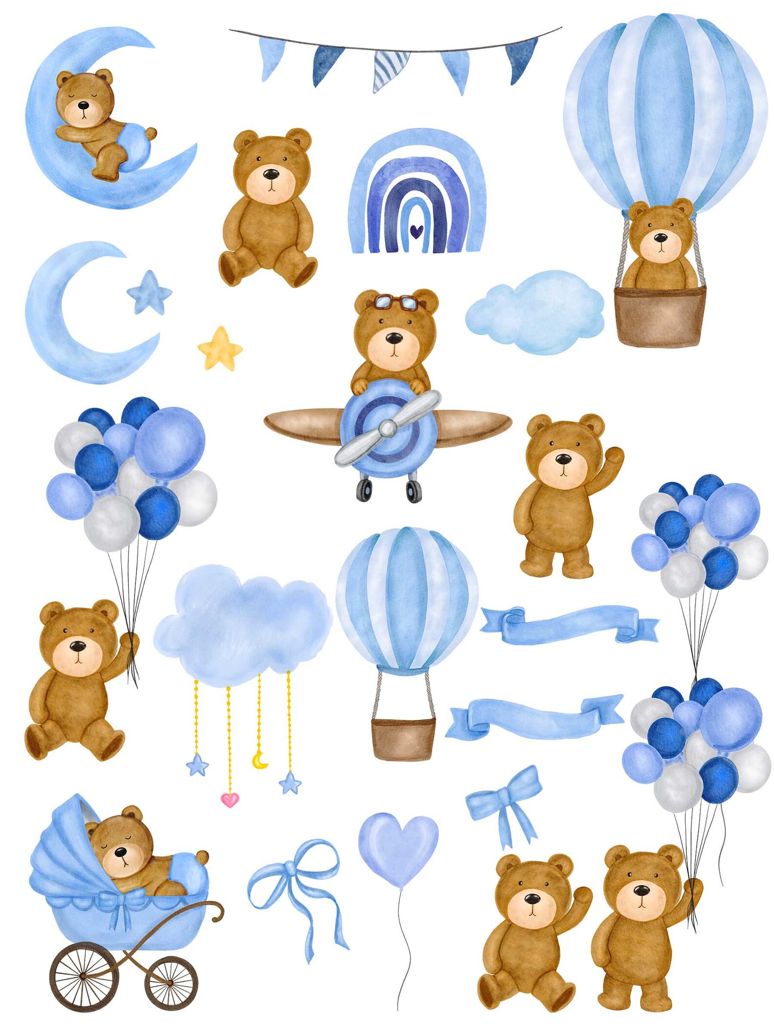 Watercolor Teddy Bear Clipart, Baby Bear Clipart, Baby Boy, Baby Shower ...