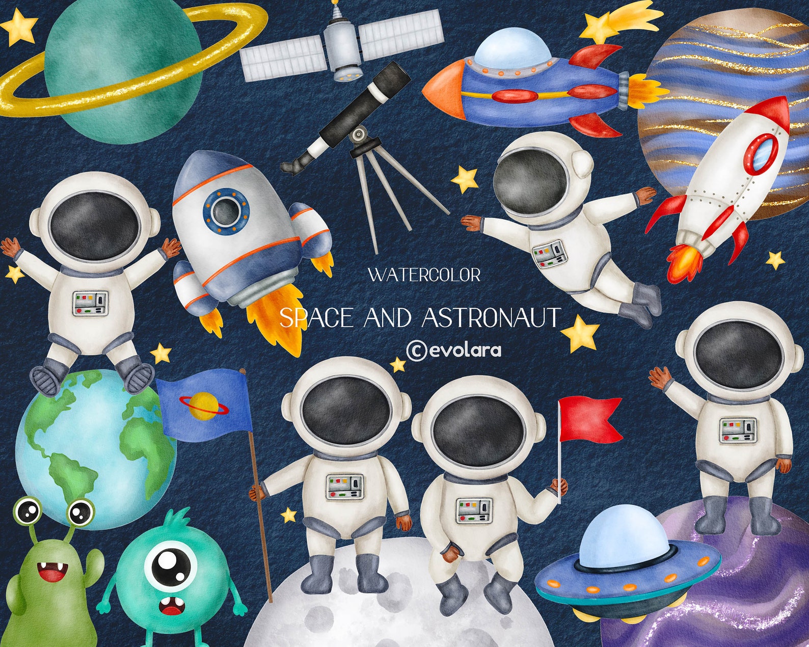 Watercolor Space Clipart, Watercolor Astronaut, Space Clipart, Nursery ...