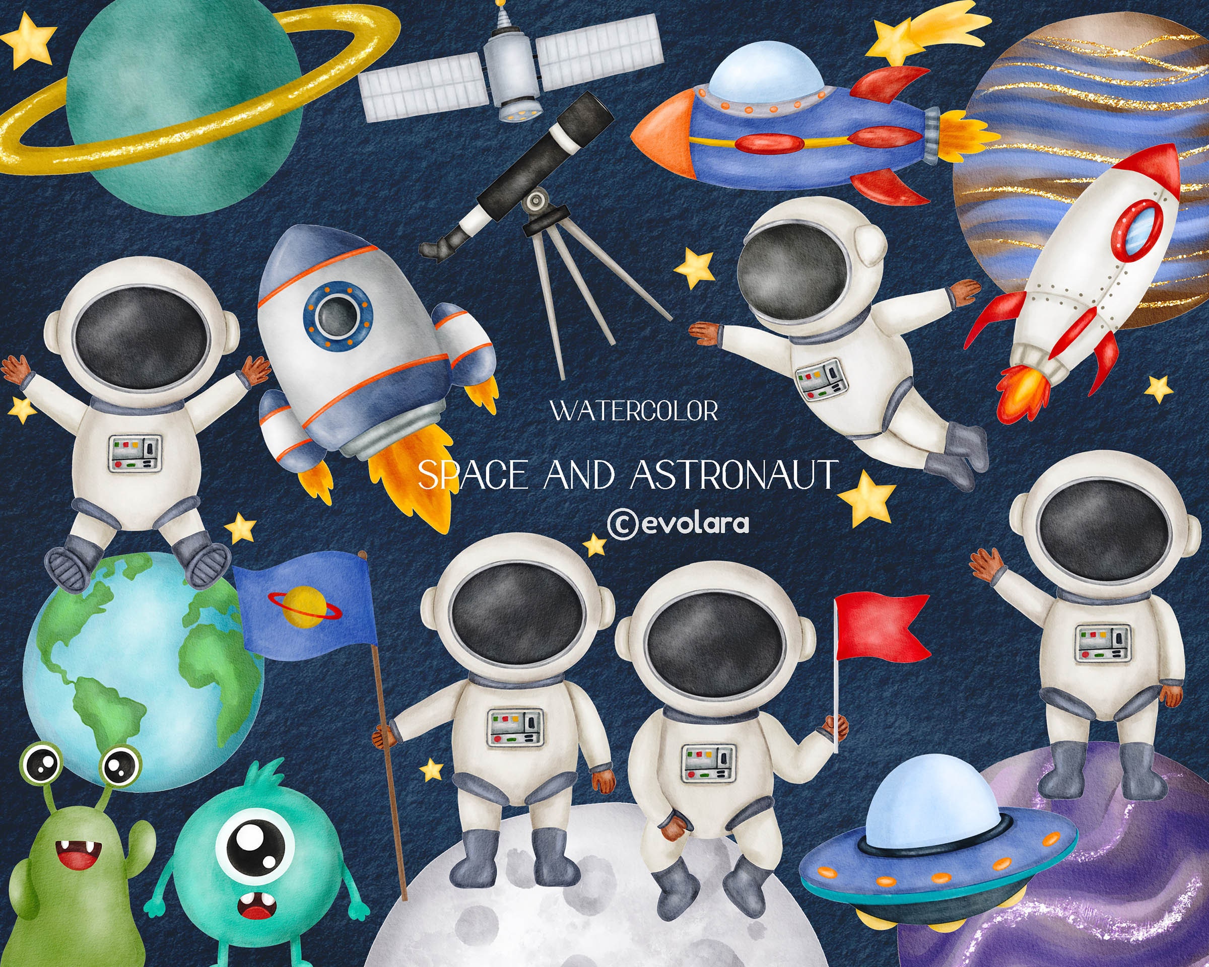 Watercolor Space Clipart, Watercolor Astronaut, Space Clipart, Nursery ...
