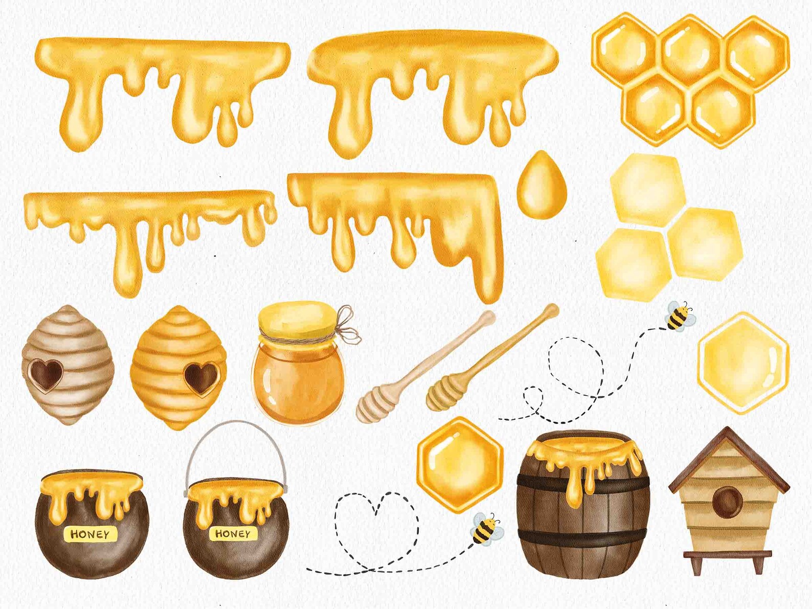 Watercolor Bee Clipart, Watercolor Honey Clipart, Honey Bee Clipart ...