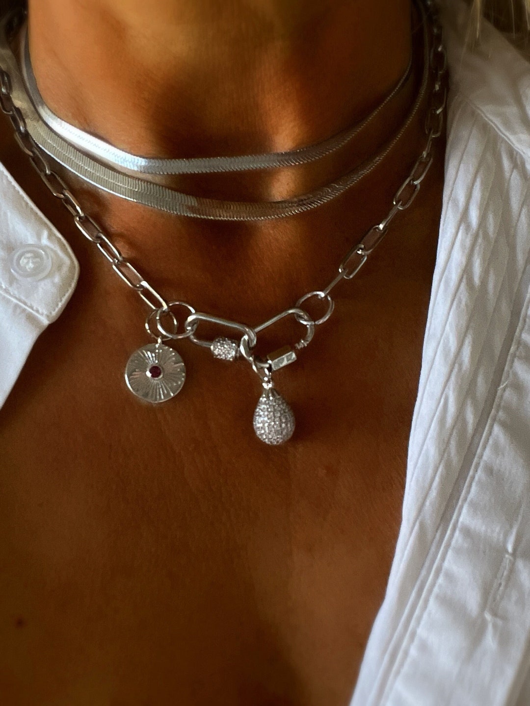 Silver Charm Necklace With Sunburst Medallion and Pave Drop, Paperclip ...