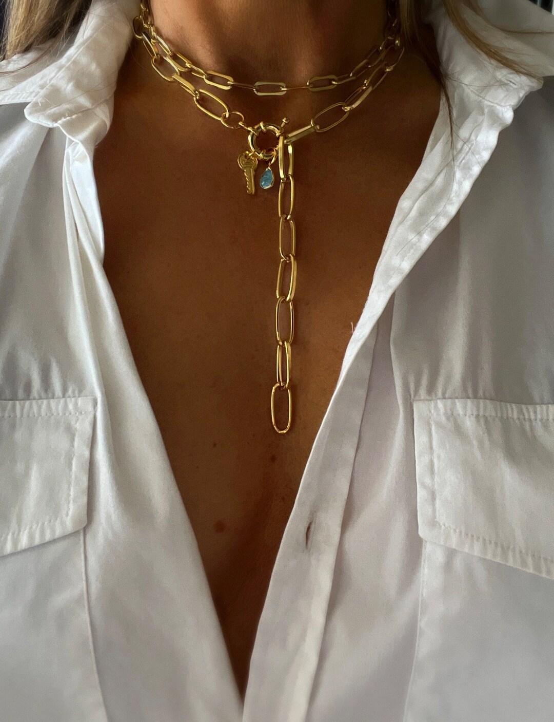 Key and Teardrop Gold Charm Necklace, Gold Link Chain Charm Necklace ...