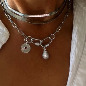 Silver Charm Necklace With Sunburst Medallion and Pave Drop, Paperclip ...