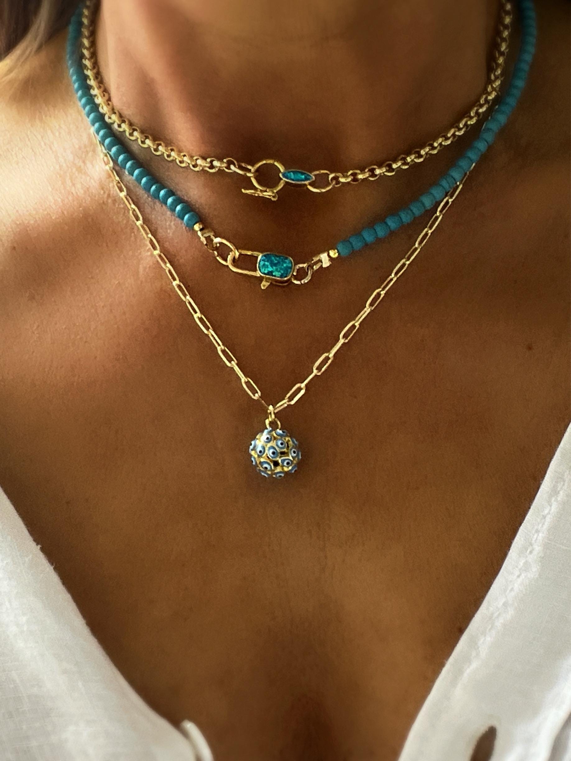 Evil Eye Protection Necklace, Gold Layered Chain and Turquoise Beads ...
