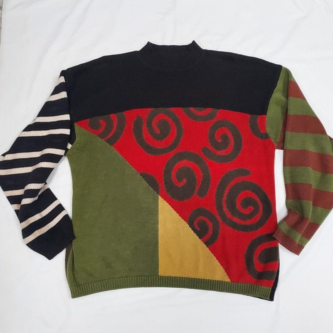 Vintage 80s Kikit Maurice Sasson Graphic Print Cotton Knit Sweater L - Etsy