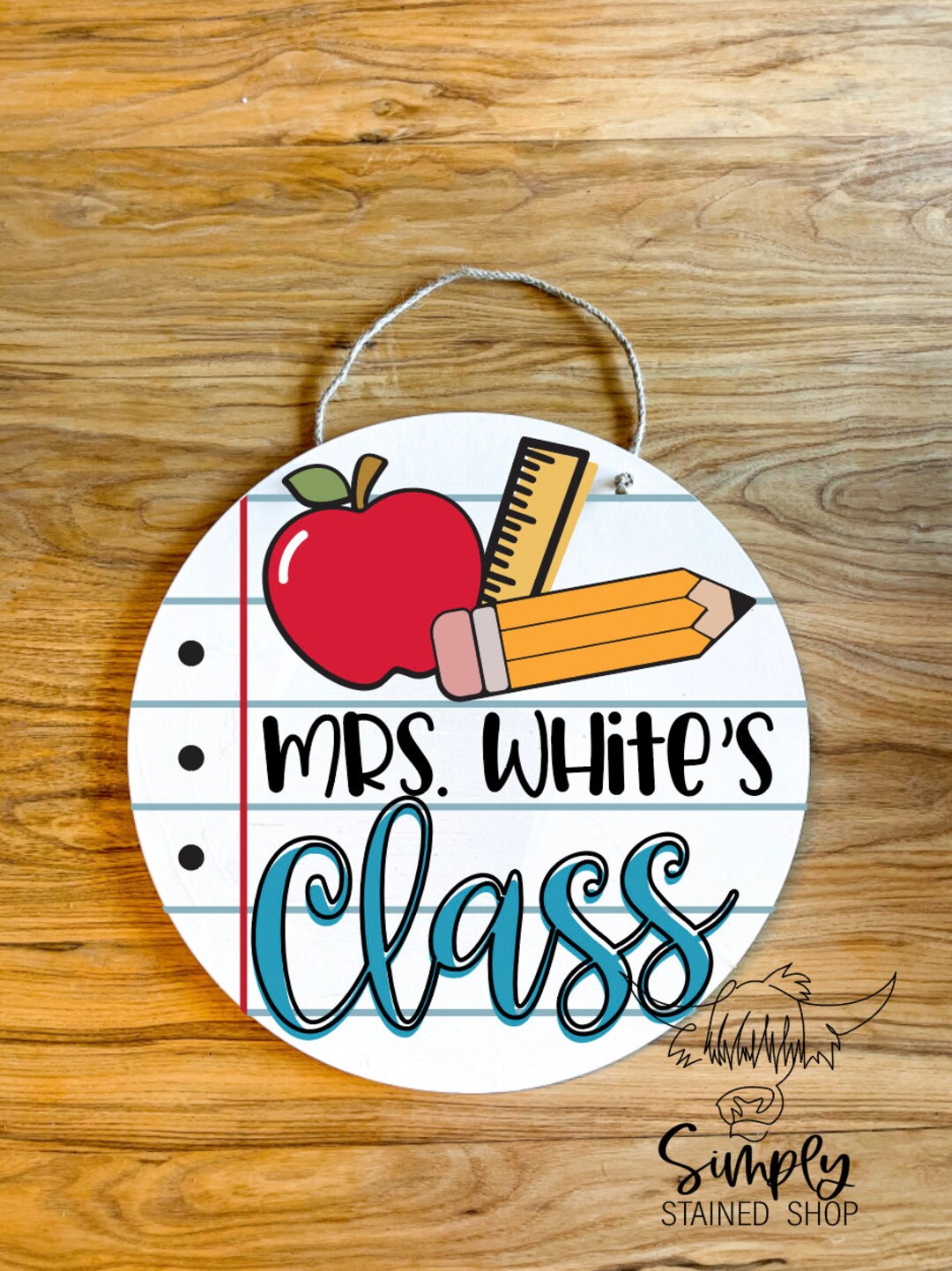 Paper Pencil Apple Circle Teacher Name Sign; Wood Round Sign - Etsy