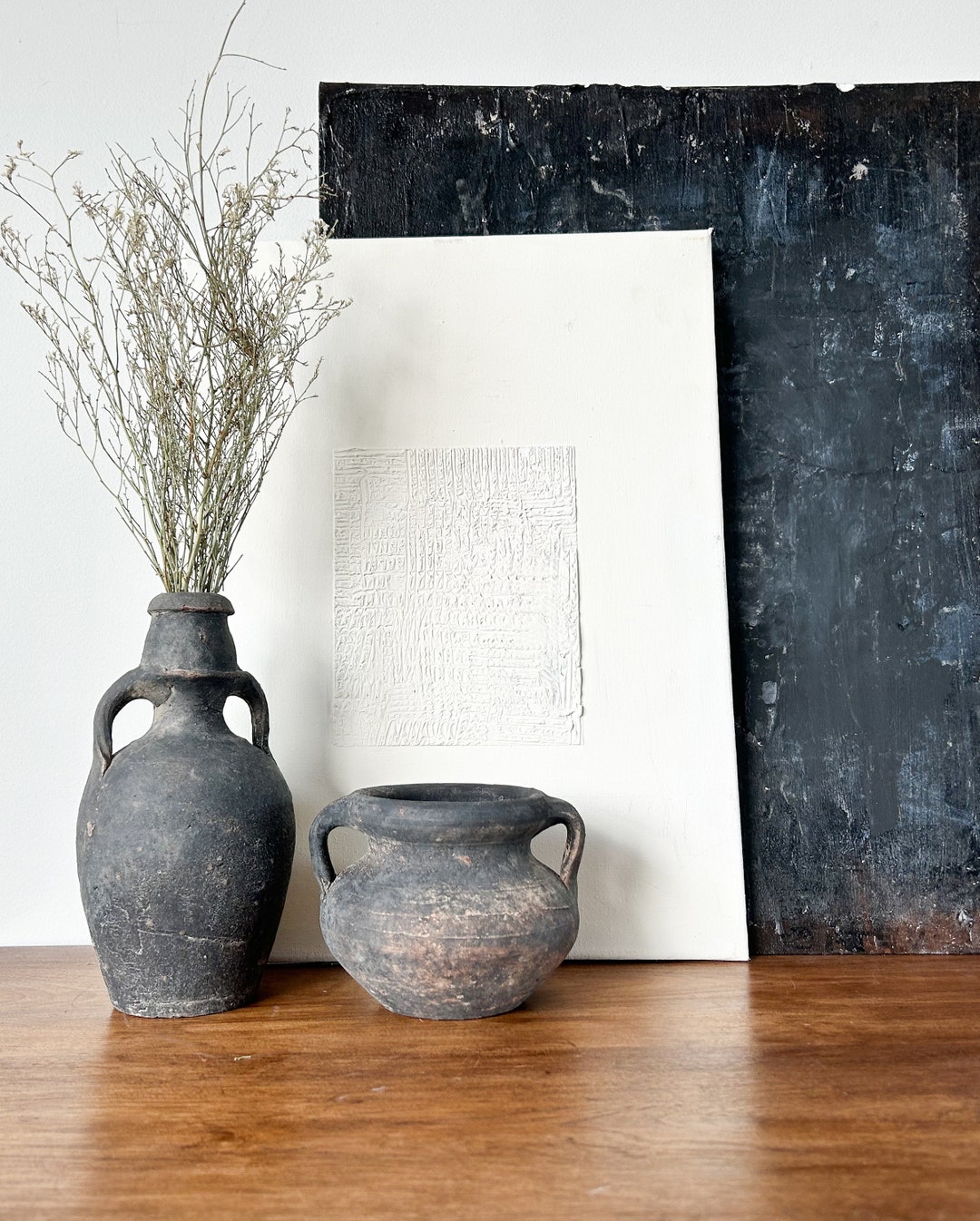 Earthy Textured Pot Set, Artisanal Vase, Organic Black Pot, Matte Vases ...