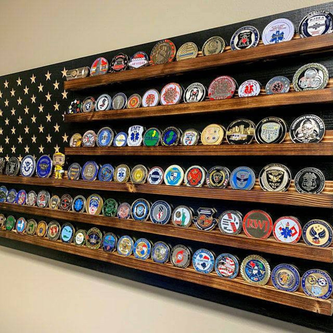 Subdued Wooden American Flag Challenge Coin Display, Holds 90-100 Coins ...