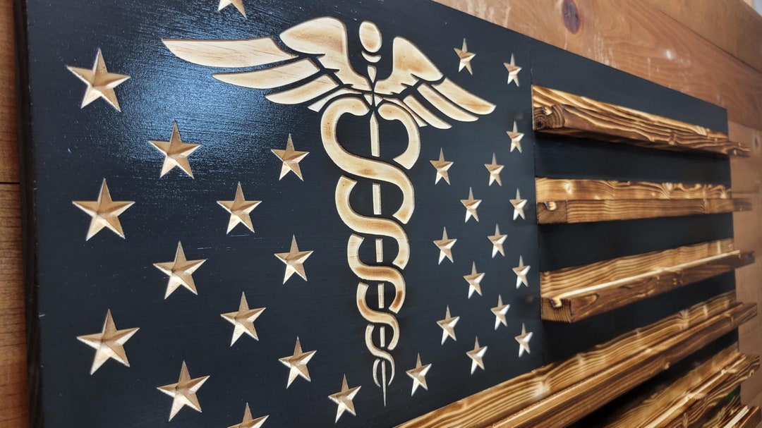 Medical Caduceus Subdued Wooden American Flag Challenge Coin Display ...
