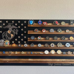 Subdued USMC Marines Wooden American Flag Challenge Coin Display, Holds ...