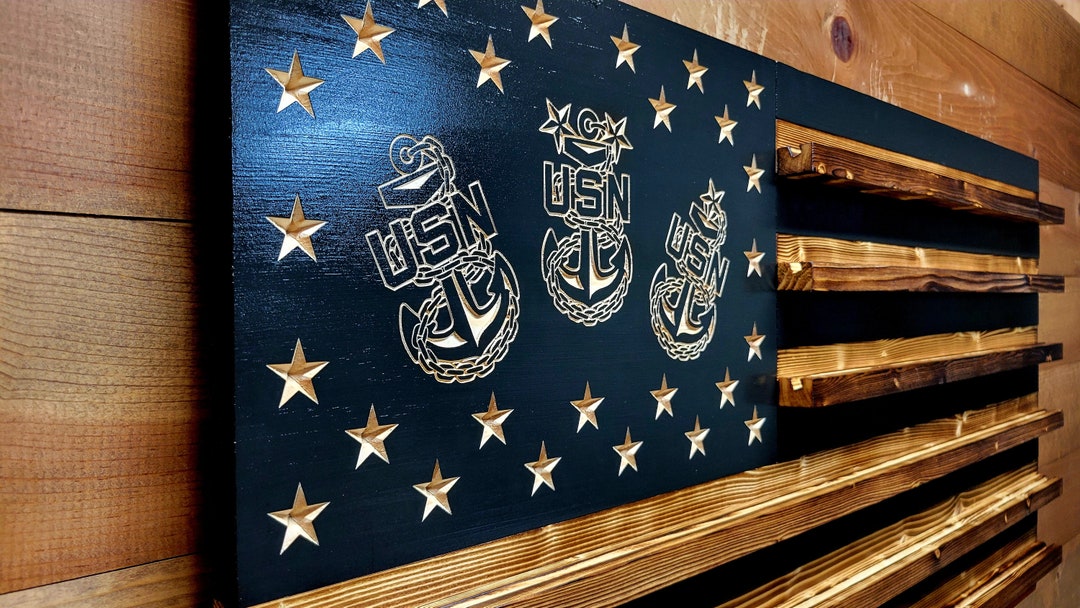 U.S. Navy Chief Anchors Challenge Coin Display Flag, Holds 90-100 Coins ...