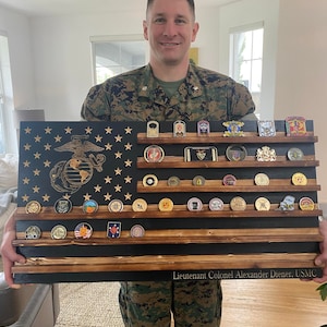 Subdued USMC Marines Wooden American Flag Challenge Coin Display, Holds ...