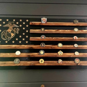Subdued USMC Marines Wooden American Flag Challenge Coin Display, Holds ...
