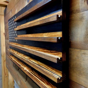 Charred Natural Finish Wooden American Flag Challenge Coin Display ...