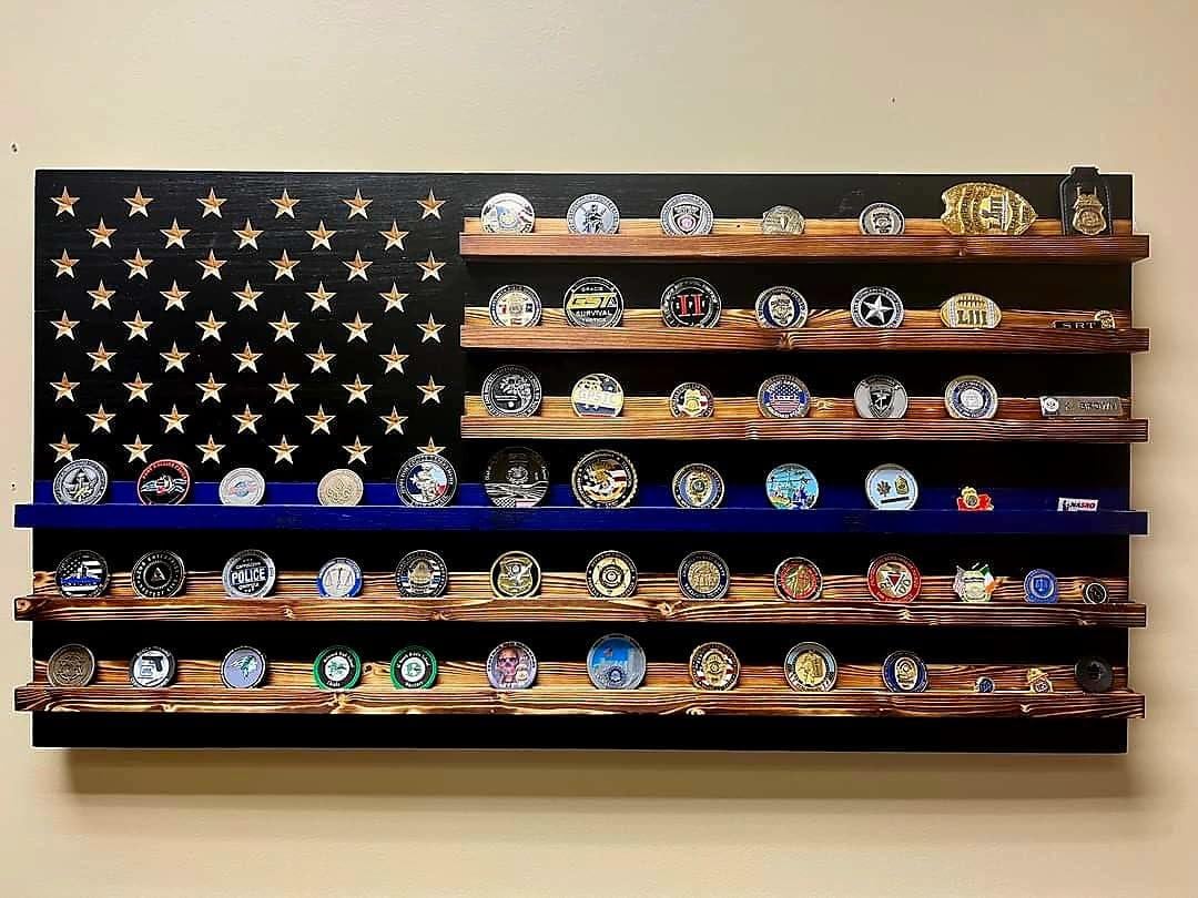 Thin Blue Line Wooden American Flag Challenge Coin Display, Holds 90 ...