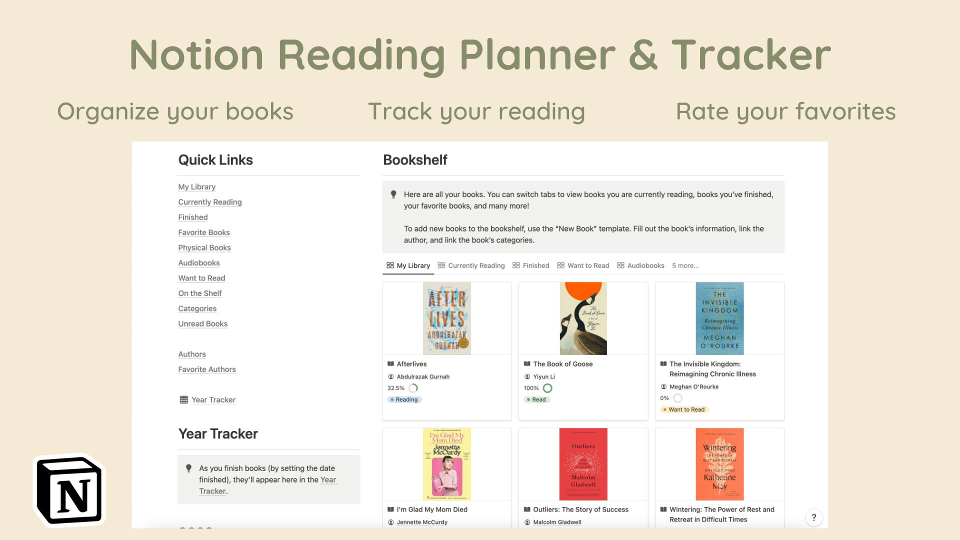 Notion Reading Planner & Tracker Personal Library - Etsy